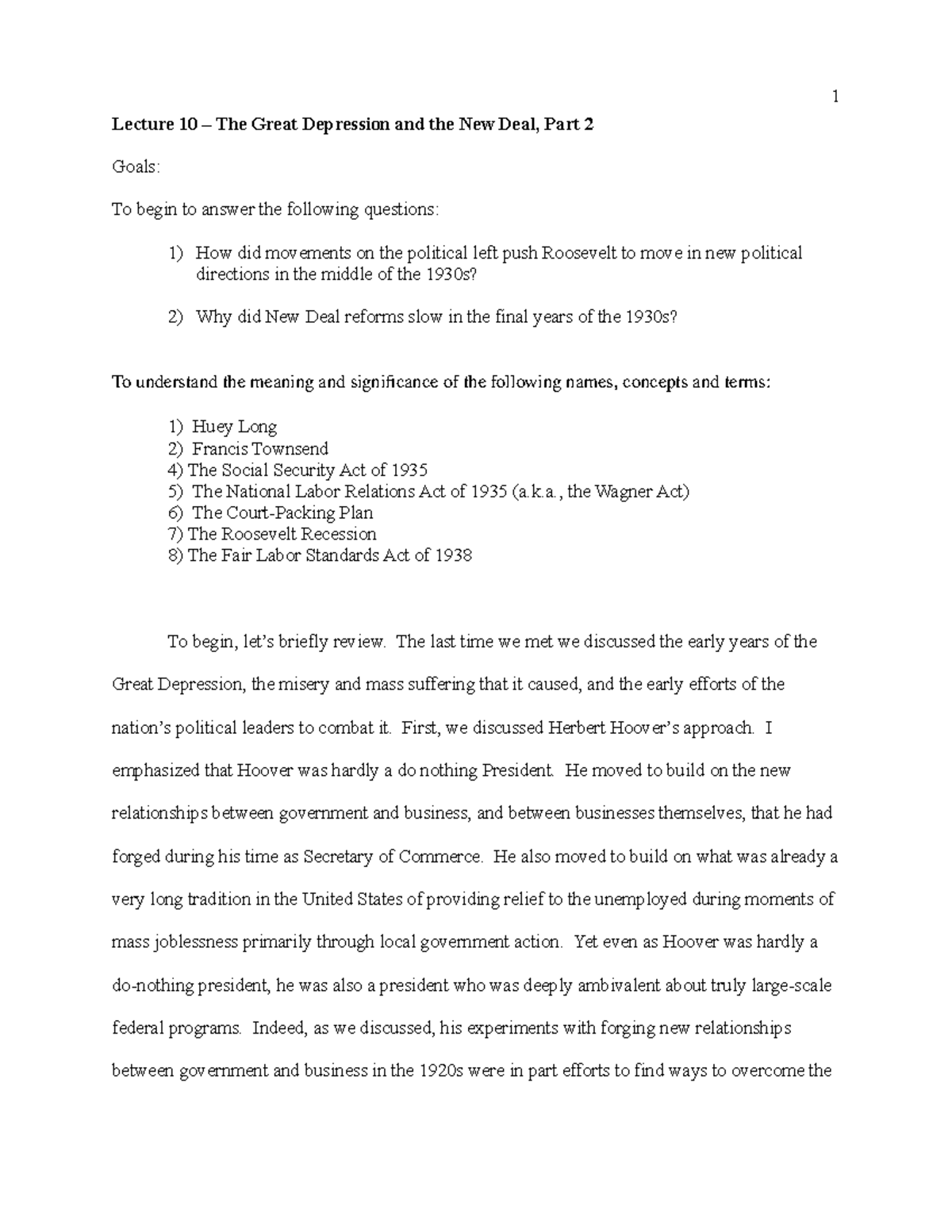 Lecture 10 Notes - Lecture 10 – The Great Depression and the New Deal ...