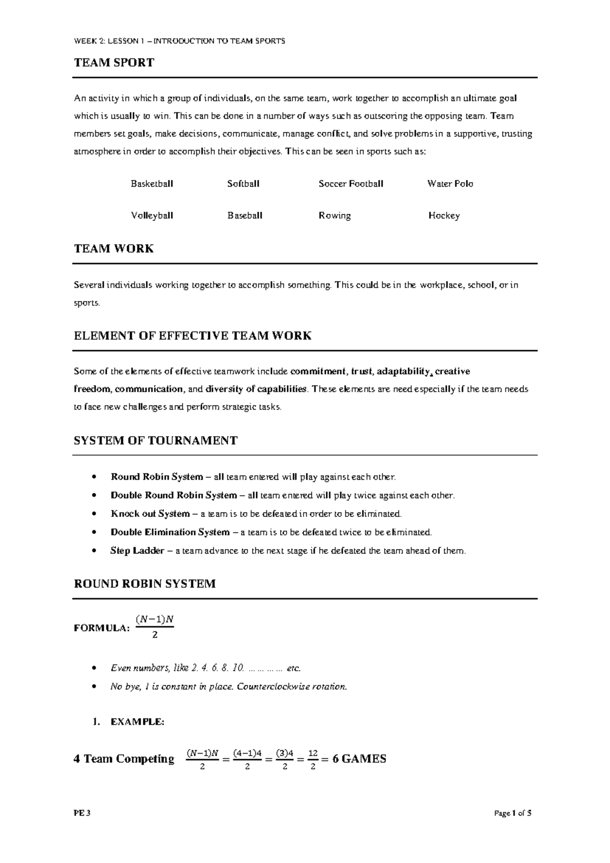 Physical Education - TEAM SPORT An activity in which a group of ...