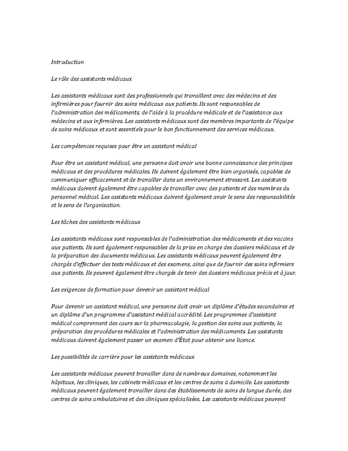 Medical Assisting note study - Introduction Le rôle des assistants ...