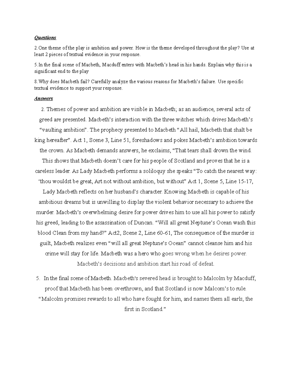 Macbeth answers - Questions 2 theme of the play is ambition and power ...