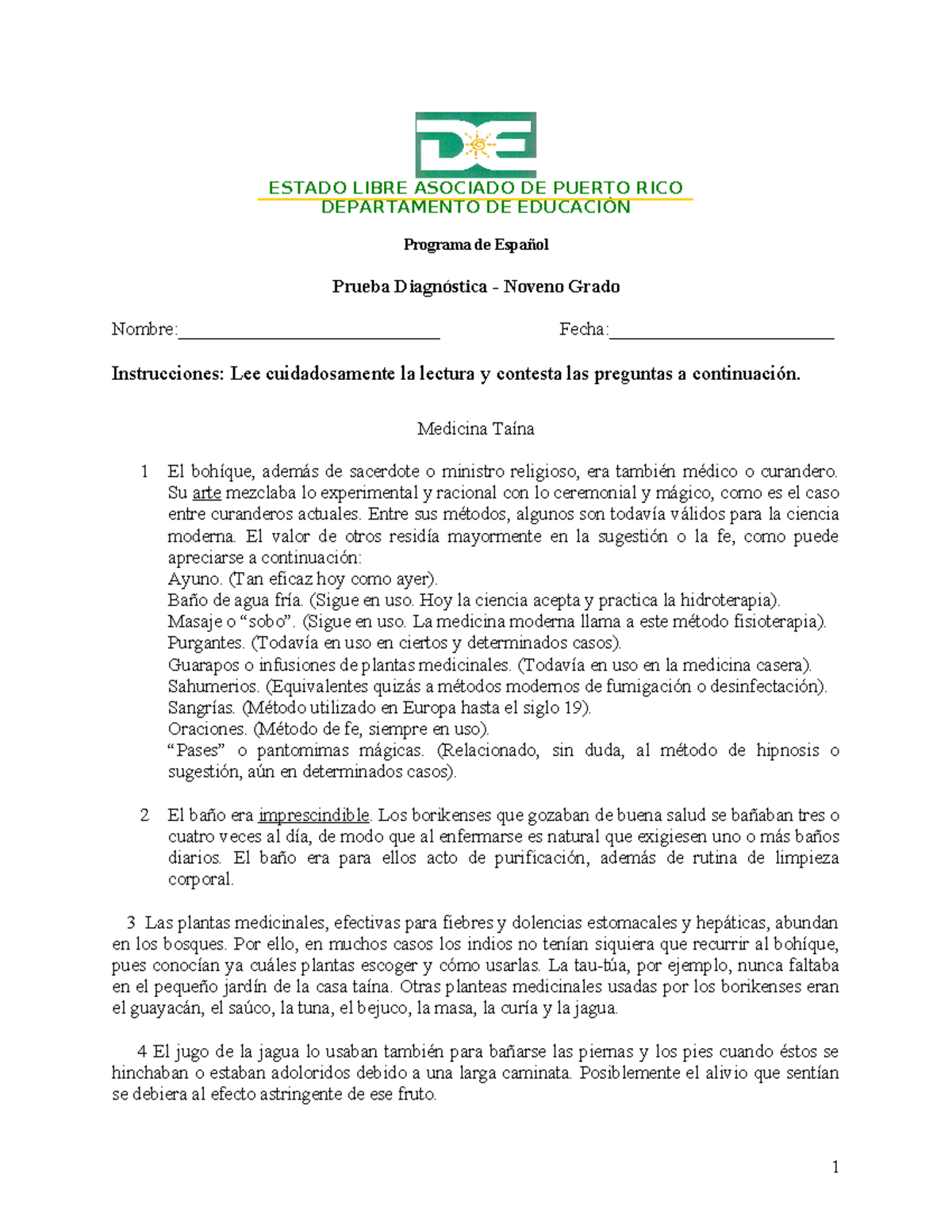 Prueba diagnostica espanol PRE POST Espanol 9 y clave - ESTADO LIBRE ...