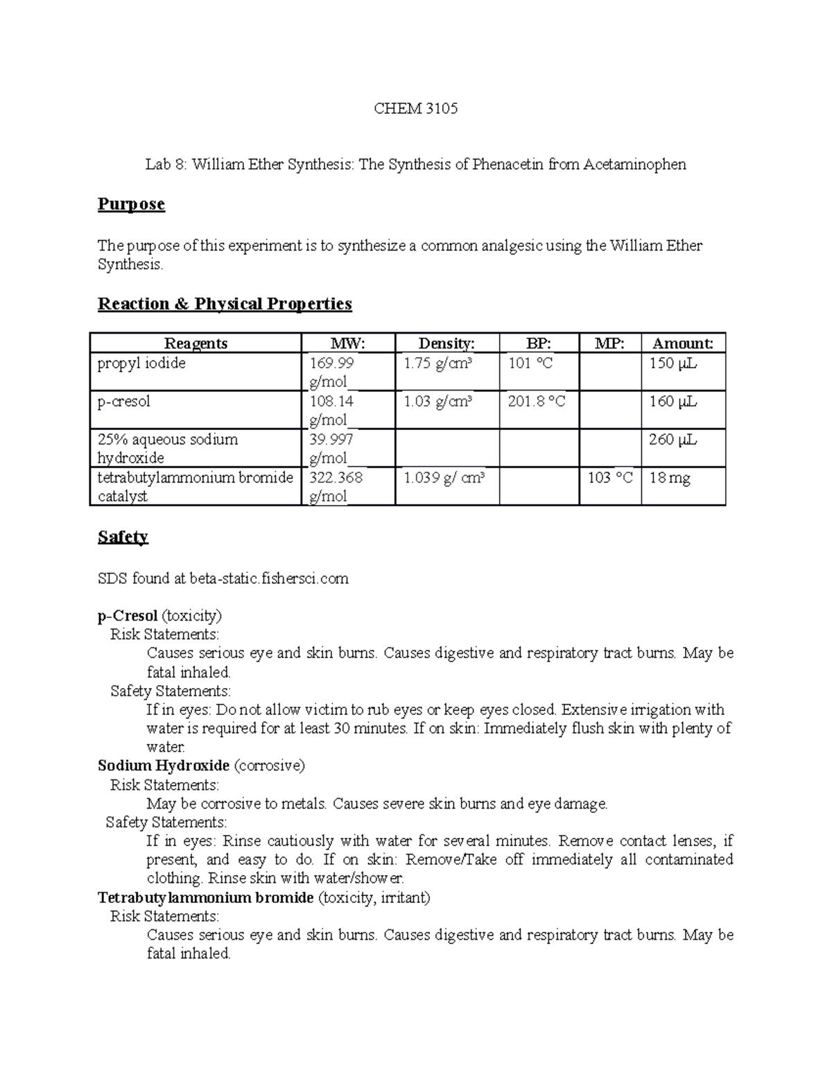 Lab 8: William Ether Synthesis: The Synthesis of Phenacetin from ...