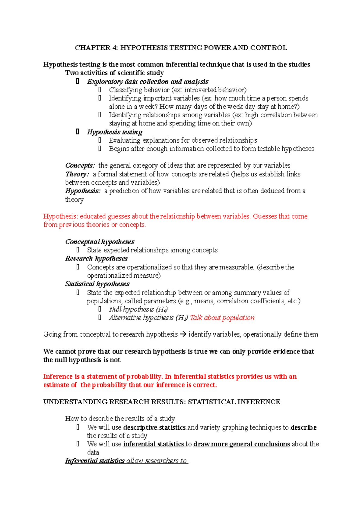 PSYC208 Hypothesis Testing Power AND Control - CHAPTER 4: HYPOTHESIS ...