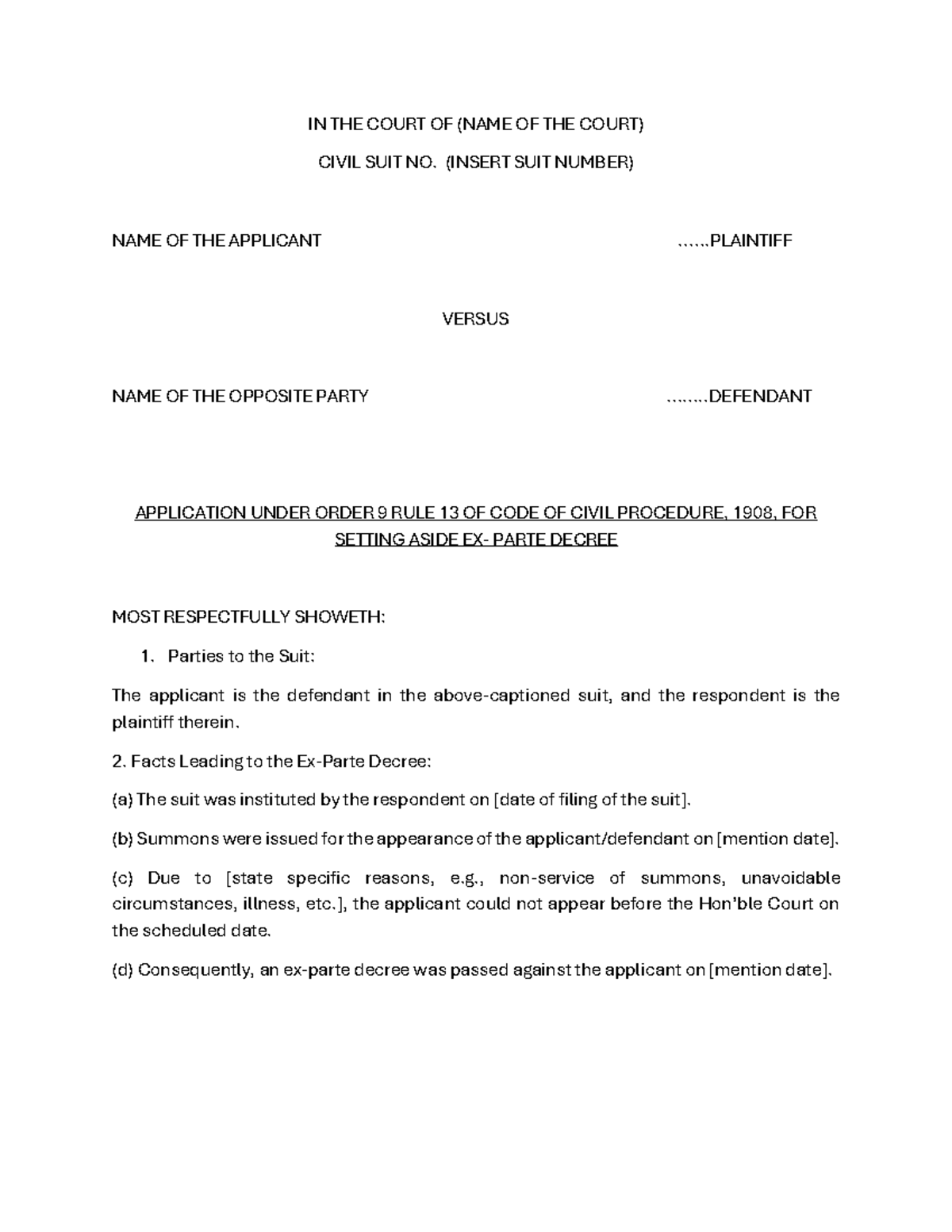 Setting aside ex parte decree under order 9 rule 13 - IN THE COURT OF ...