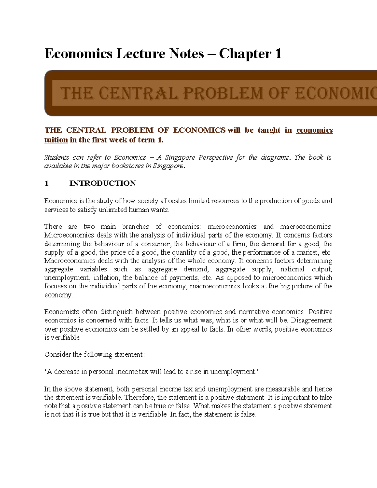 Economics Notes Chapter 1 - Economics Lecture Notes – Chapter 1 THE ...