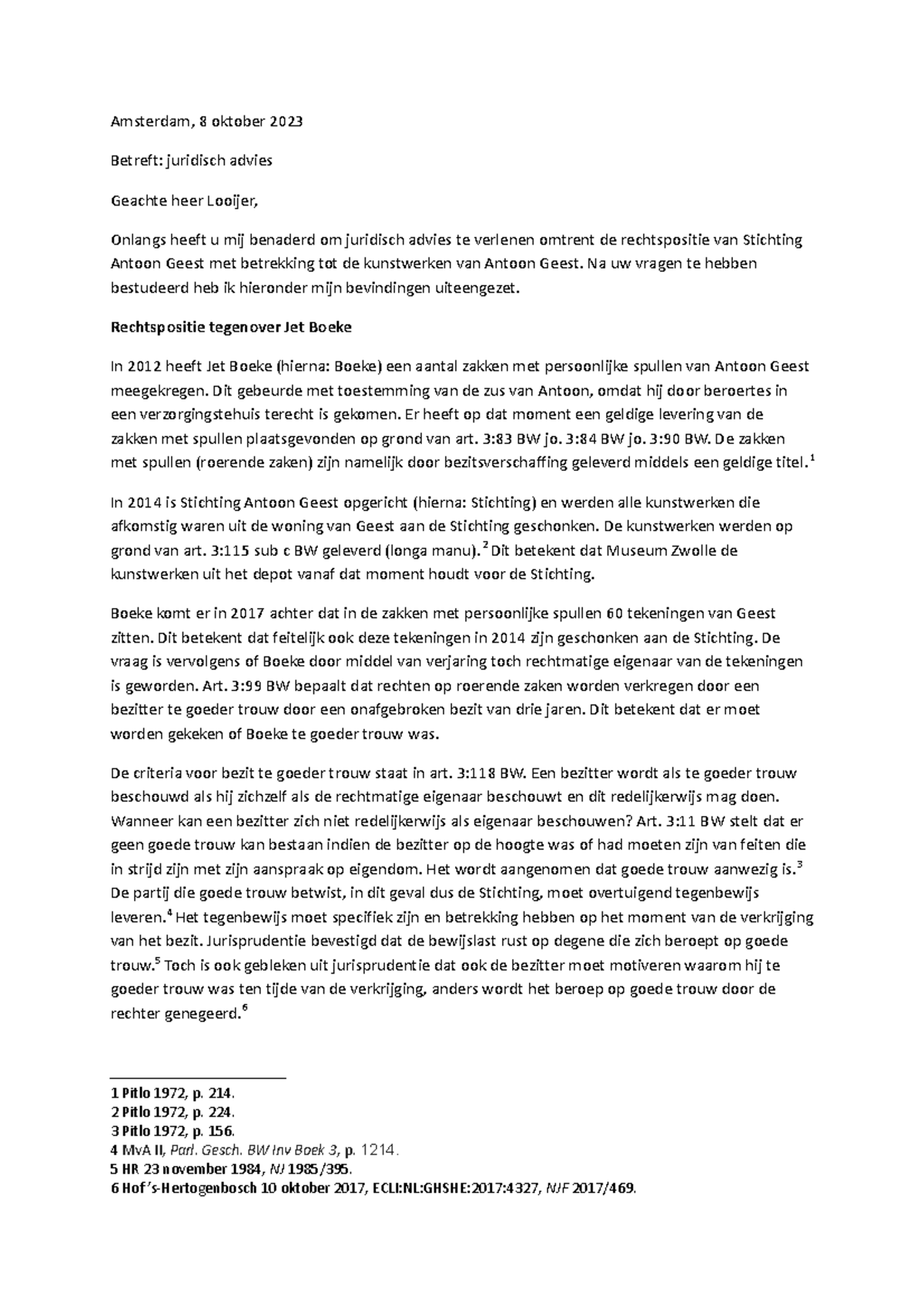 Schrijfopdracht - Amsterdam, 8 oktober 2023 Betreft: juridisch advies ...