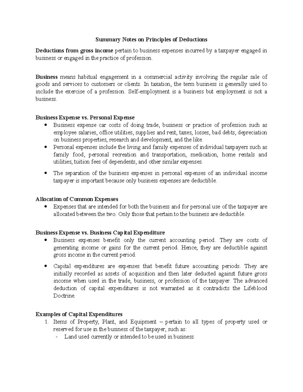 Summary Notes on Principles of Deductions - Summary Notes on Principles ...
