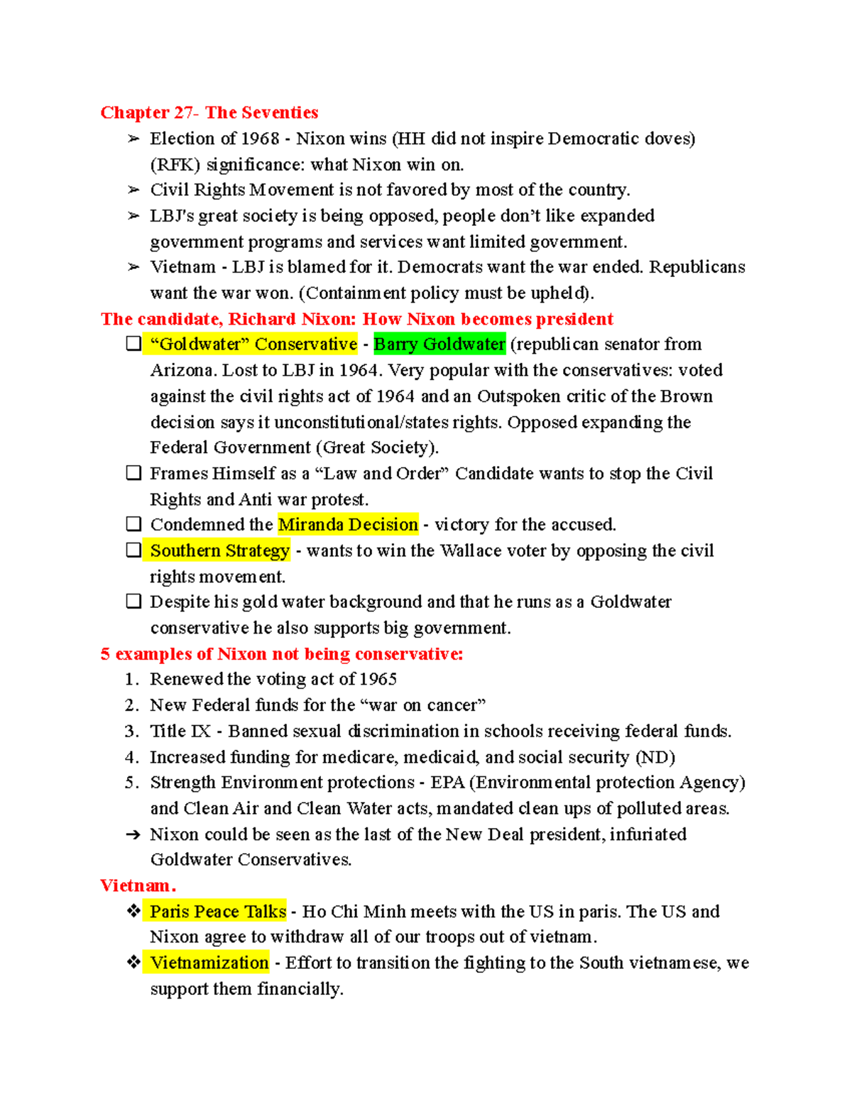 Chapter 27- The Seventies - Civil Rights Movement is not favored by ...
