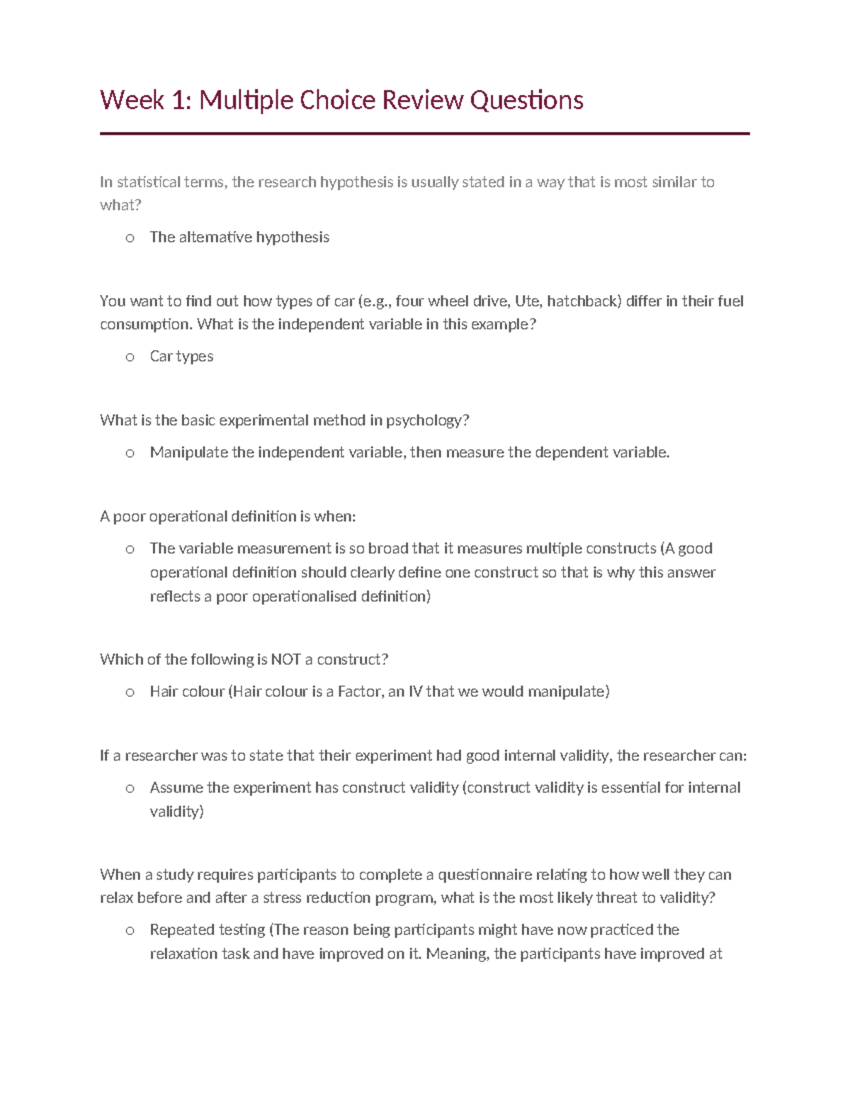Review Q'S - Week 1: Multiple Choice Review Questions In statistical ...