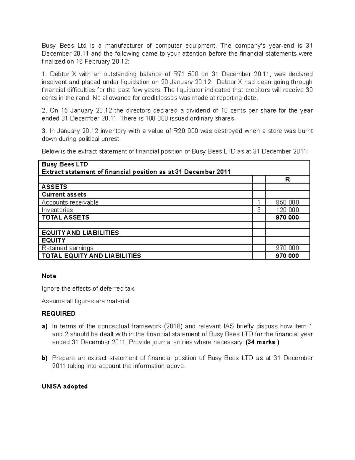 IAS 10 practice questions - Busy Bees Ltd is a manufacturer of computer ...