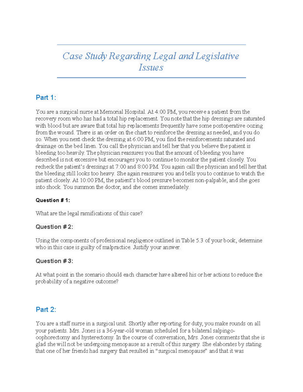 Case Study 5 Legal and Legislative Issues - Case Study Regarding Legal ...