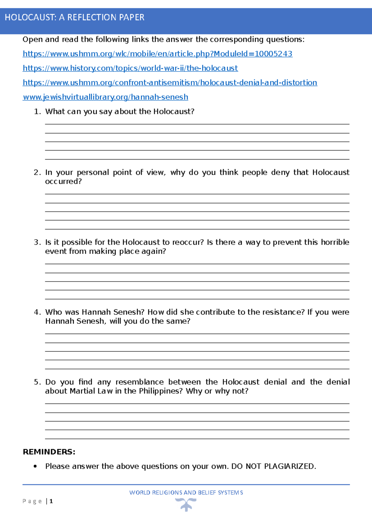 Holocaust - .... - Open and read the following links the answer the ...