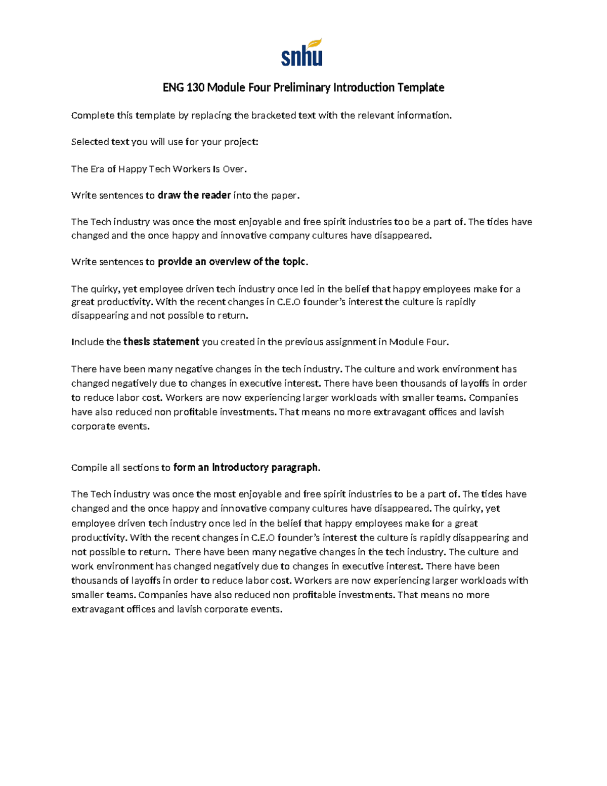 ENG 130 Module Four Preliminary Introduction S - Selected text you will ...