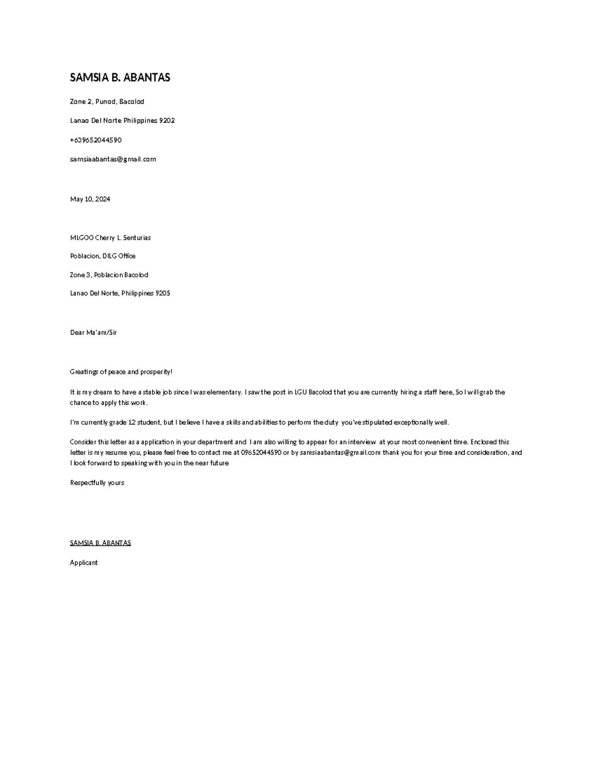 Application Letter - SAMSIA B. ABANTAS Zone 2, Punod, Bacolod Lanao Del ...
