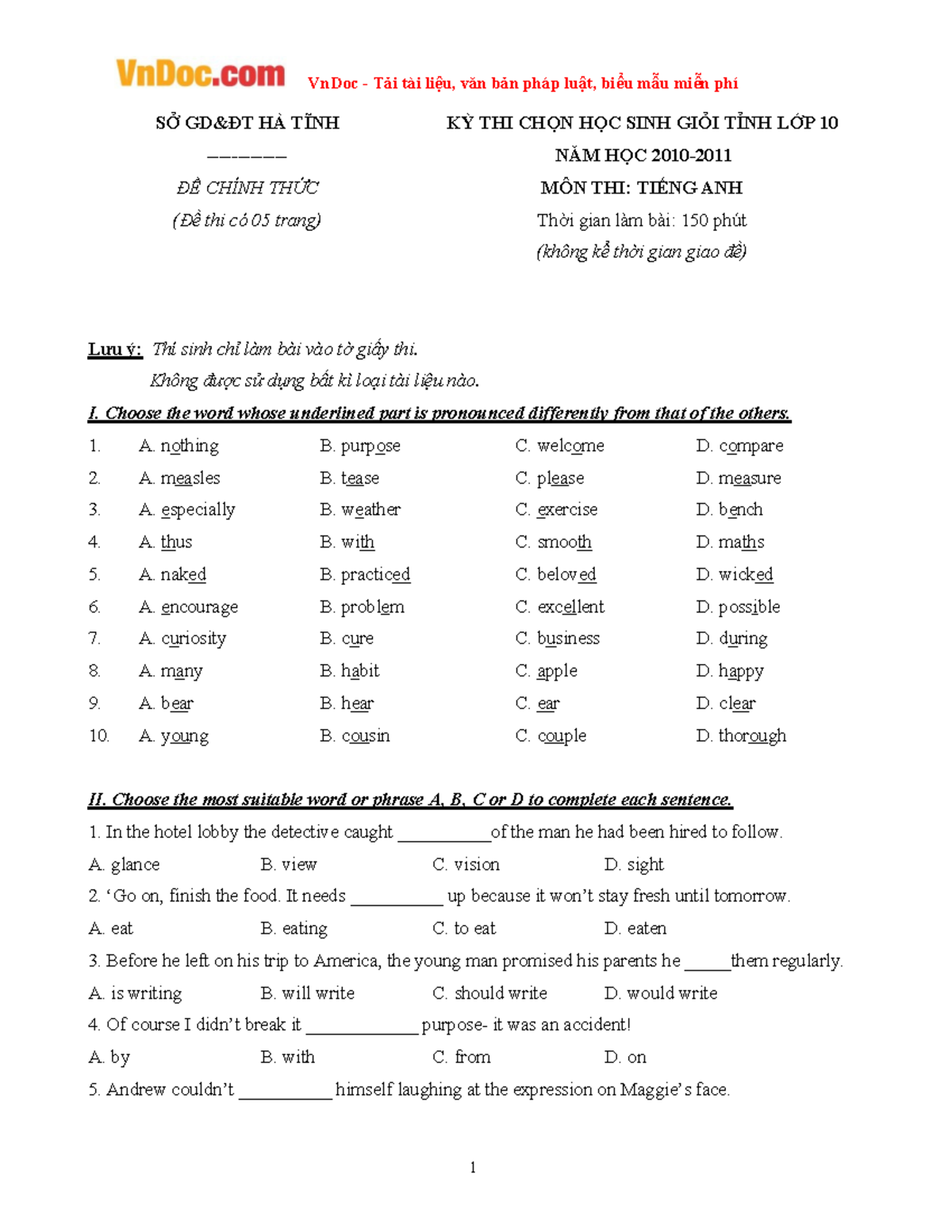 Tailieuxanh de thi chon hoc sinh gioi mon tieng anh lop 10 tinh ha tinh nam hoc 2010 2011 2102 ...