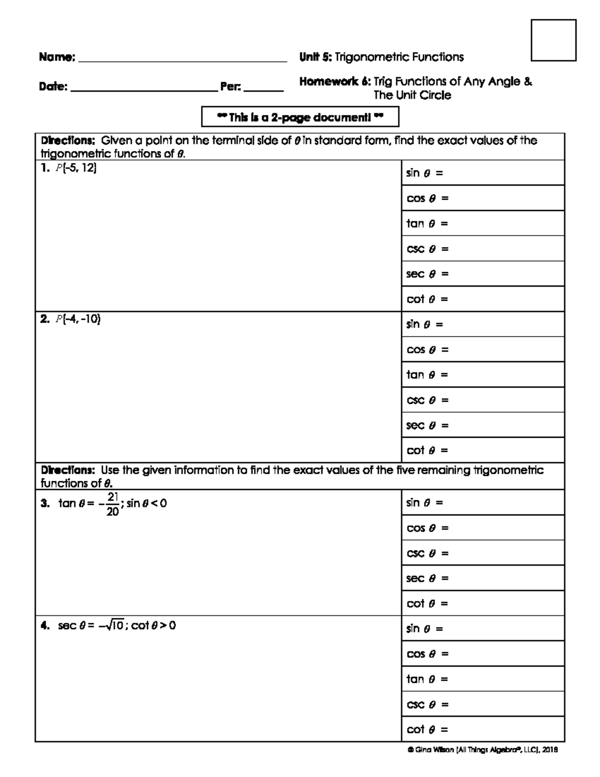 Practice 4.3 Trig Functions of Any Angle - P P - Studocu
