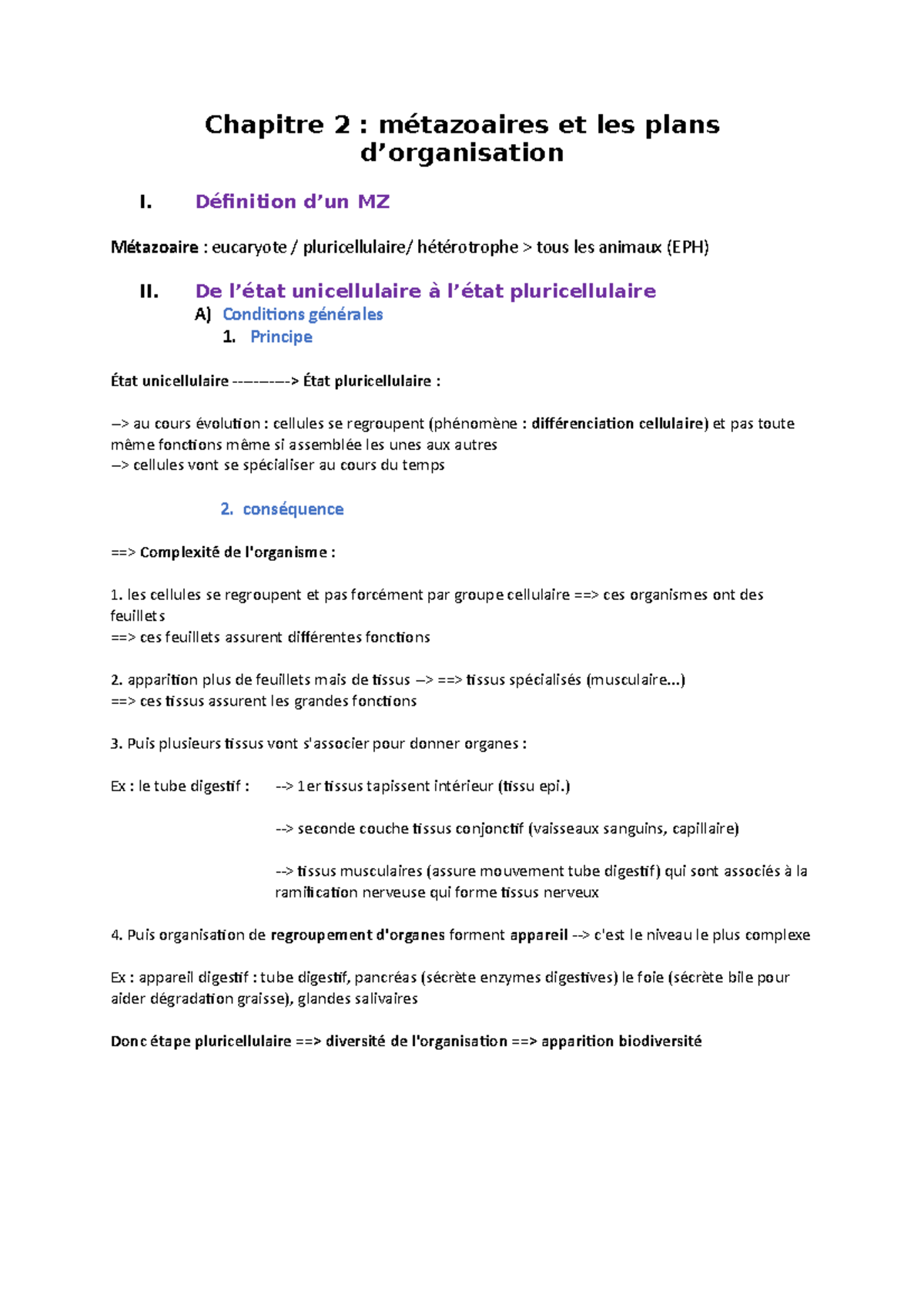 Chapitre 2 - chap 2 - Chapitre 2 : métazoaires et les plans d’organisation I. Définition d’un MZ ...