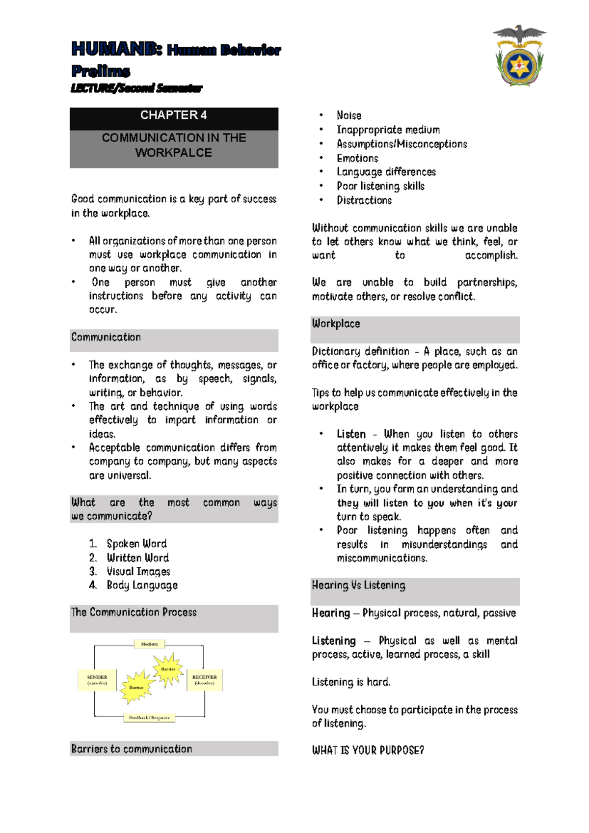 Chapter-4 HUMAN BEHAVIOR - CHAPTER 4 COMMUNICATION IN THE WORKPALCE Good communication is a key ...