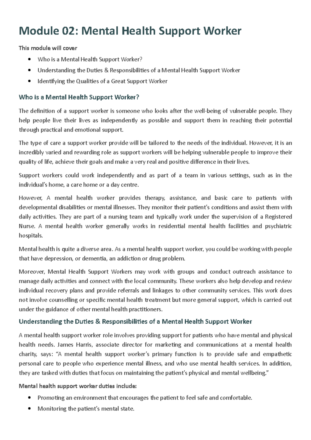 Module 02 Mental Health Support Worker - Module 02: Mental Health ...