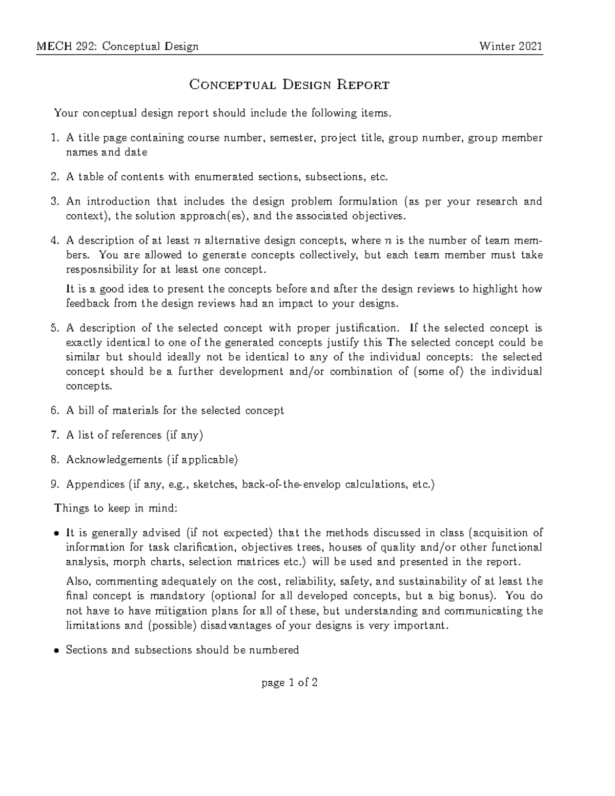 Conceptual Design Report Guidelines - MECH 292: Conceptual Design ...
