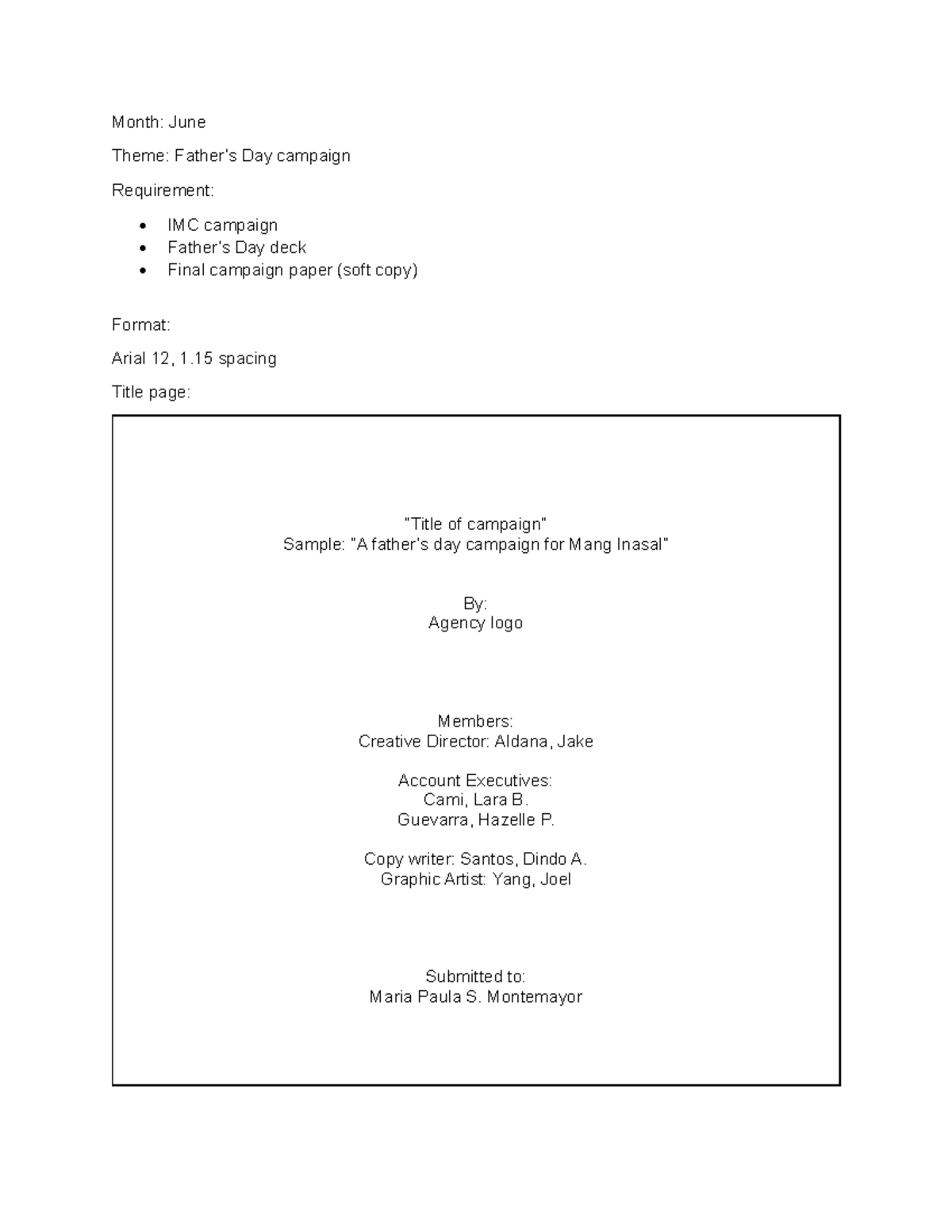 Campaign brief IMC Finals - Month: June Theme: Father’s Day campaign ...