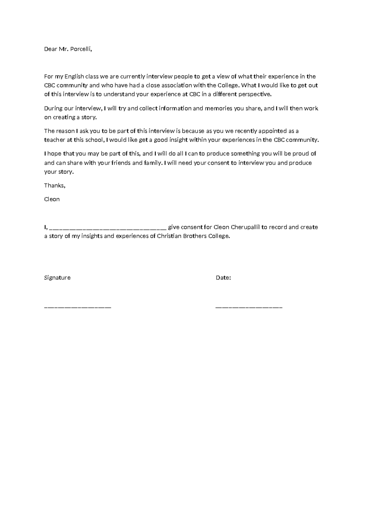 Dear Mr Dominic - english about a person - Dear Mr. Porcelli, For my ...