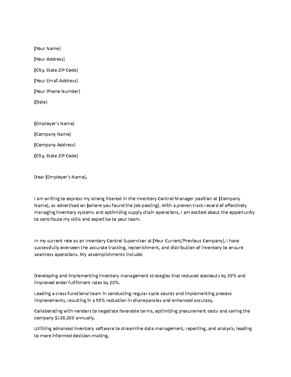 Cover letter for inventory control Individual assignment - [Your Name ...