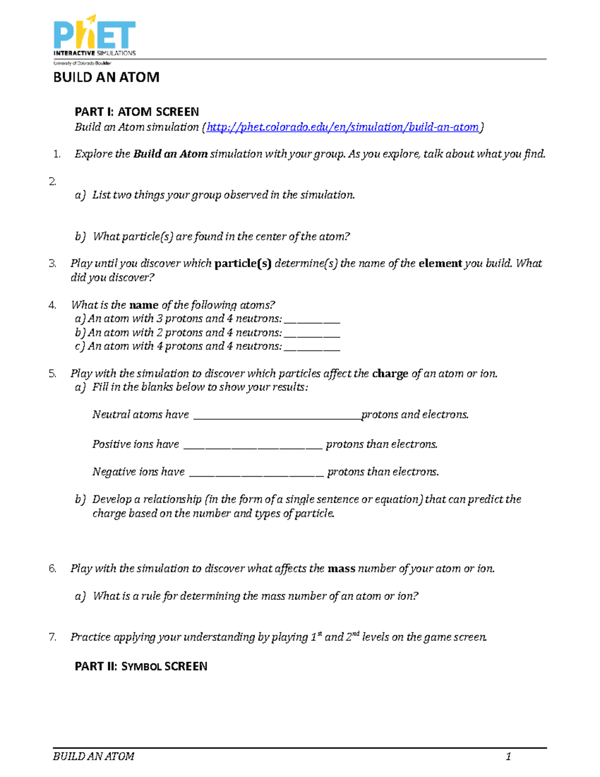 Build An Atom Guided Inquiry Student Handout - BUILD AN ATOM PART I ...