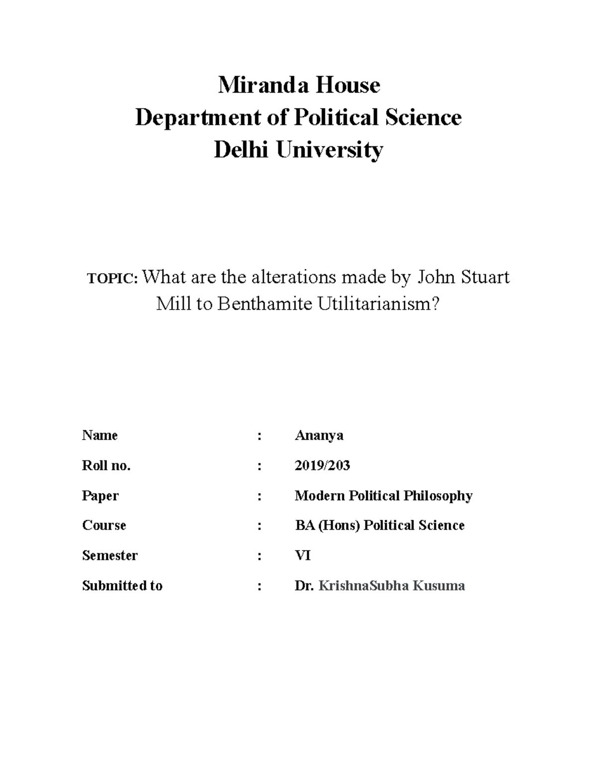 Mill on Benthamite utilitarianism - Miranda House Department of ...