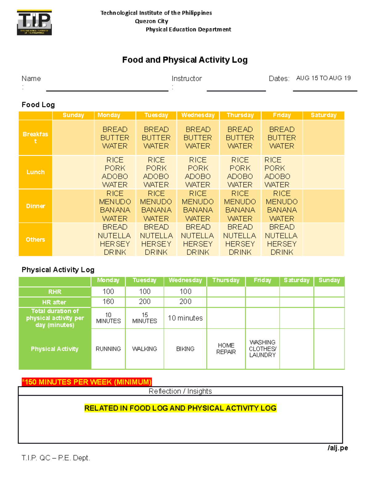 NEW Food and Activity Log - Technological Institute of the Philippines ...