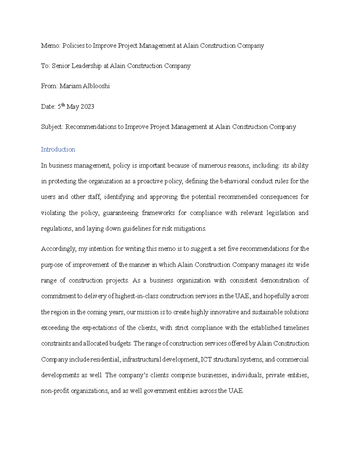 Memo on Project Management Recommendation Policies - Memo: Policies to ...