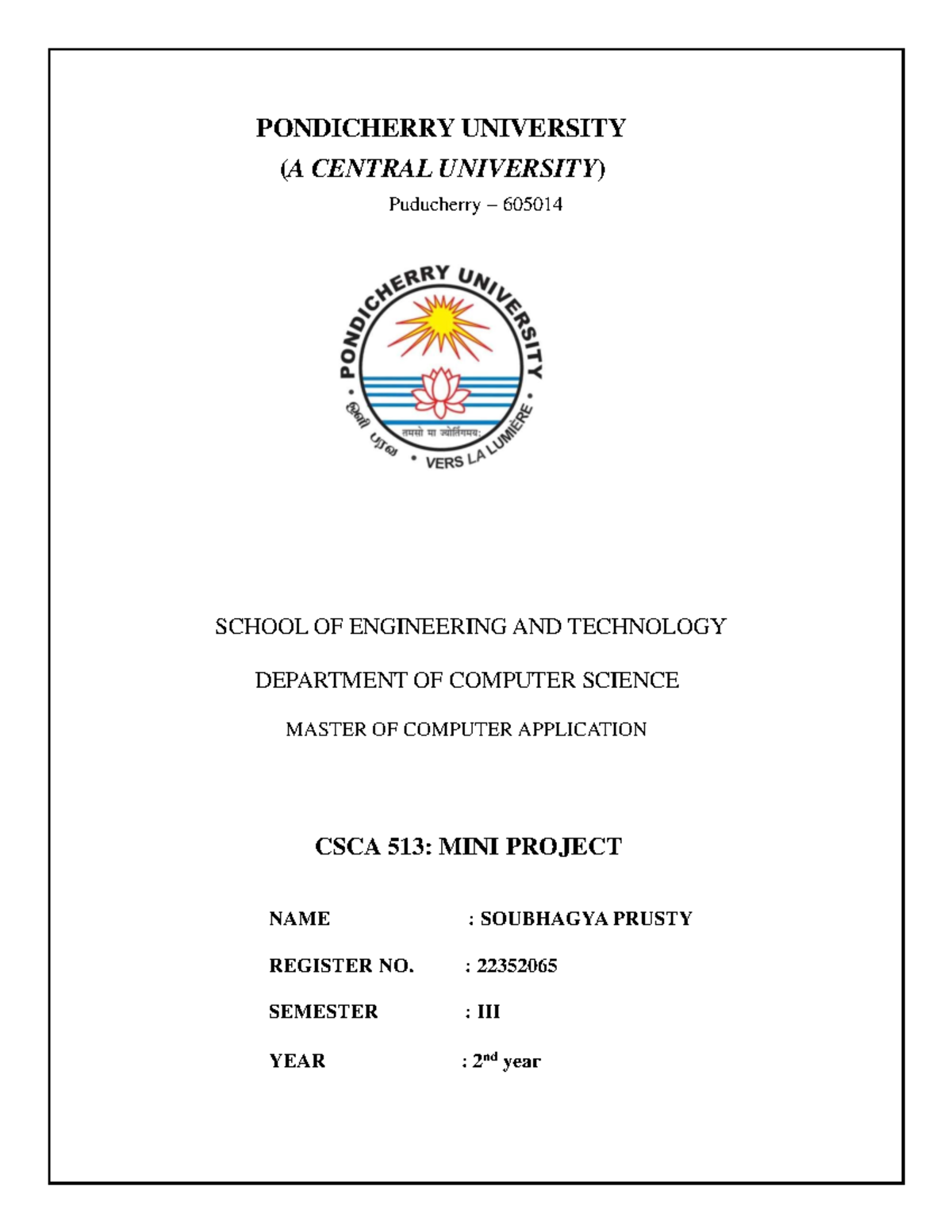 Mini-project-Documentation - PONDICHERRY UNIVERSITY (A CENTRAL ...