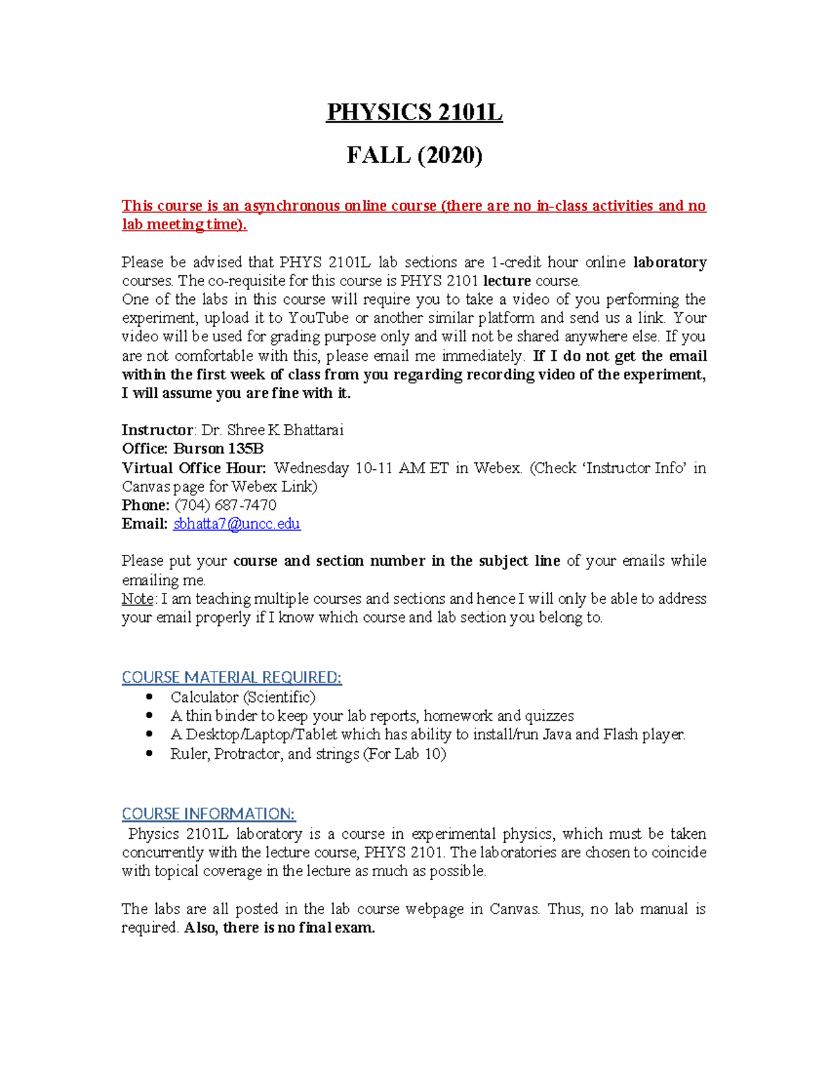 2101 Lab Syllabus-1 - lab - PHYSICS 2101L FALL (2020) This course is an ...