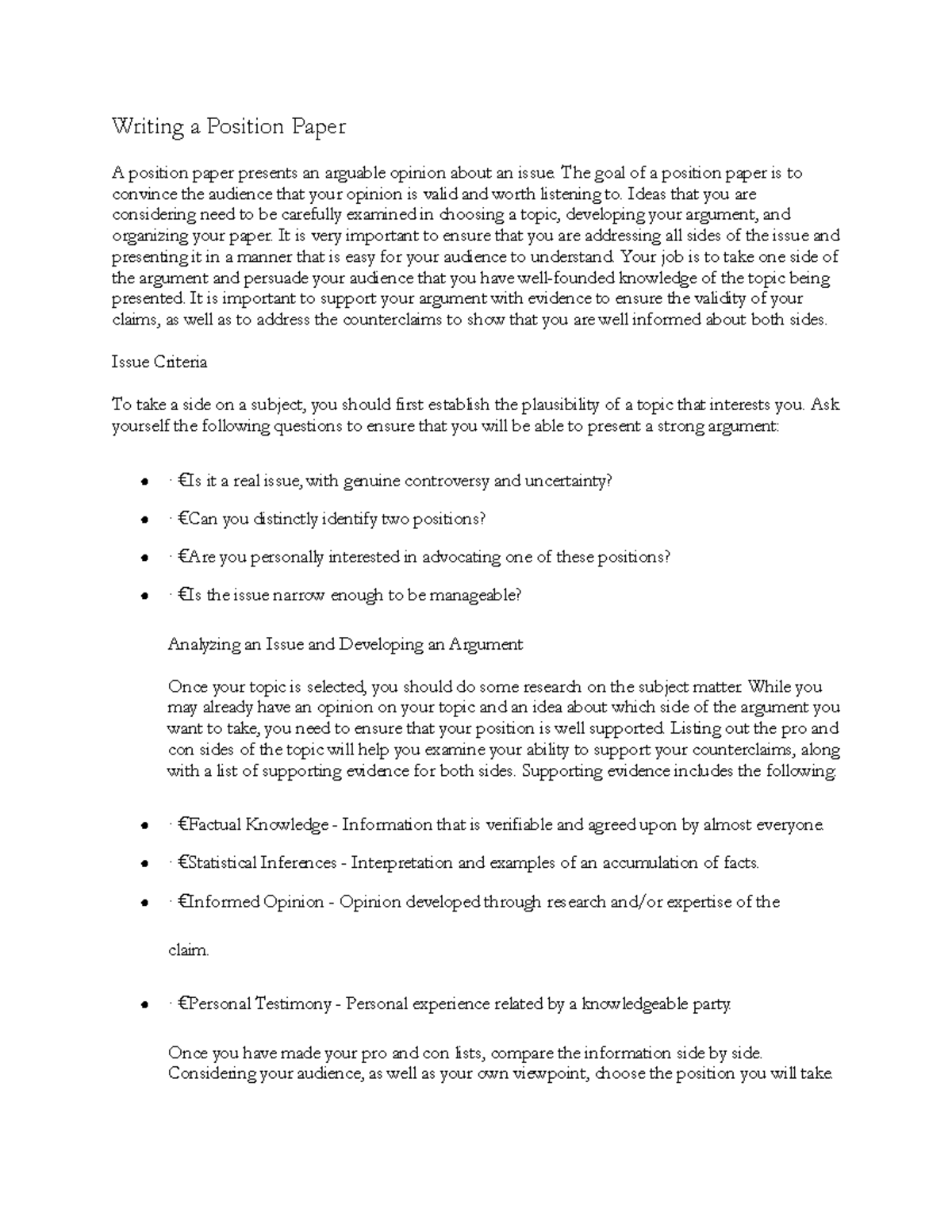 Writing a Position Paper - The goal of a position paper is to convince ...