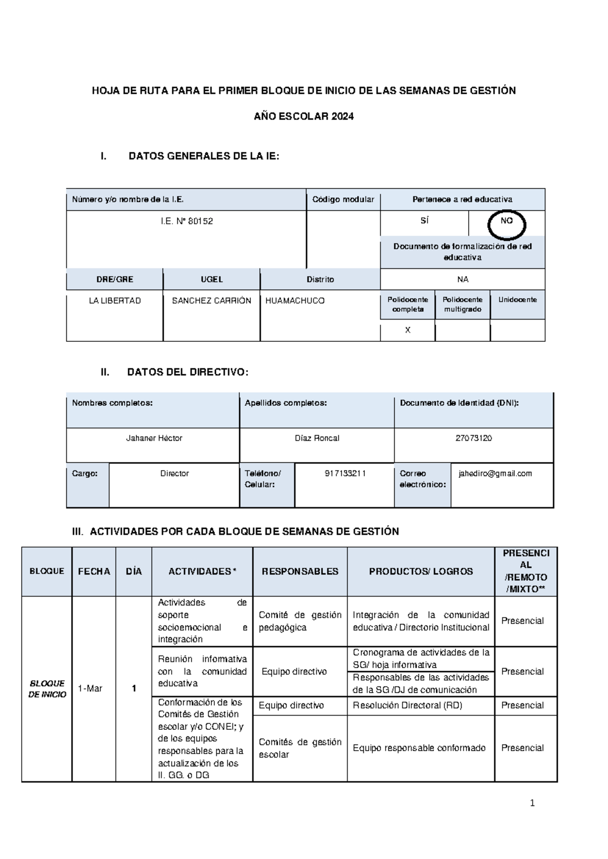 HOJA DE RUTA Semana DE Gestión 1 - 1 HOJA DE RUTA PARA EL PRIMER BLOQUE DE INICIO DE LAS SEMANAS ...