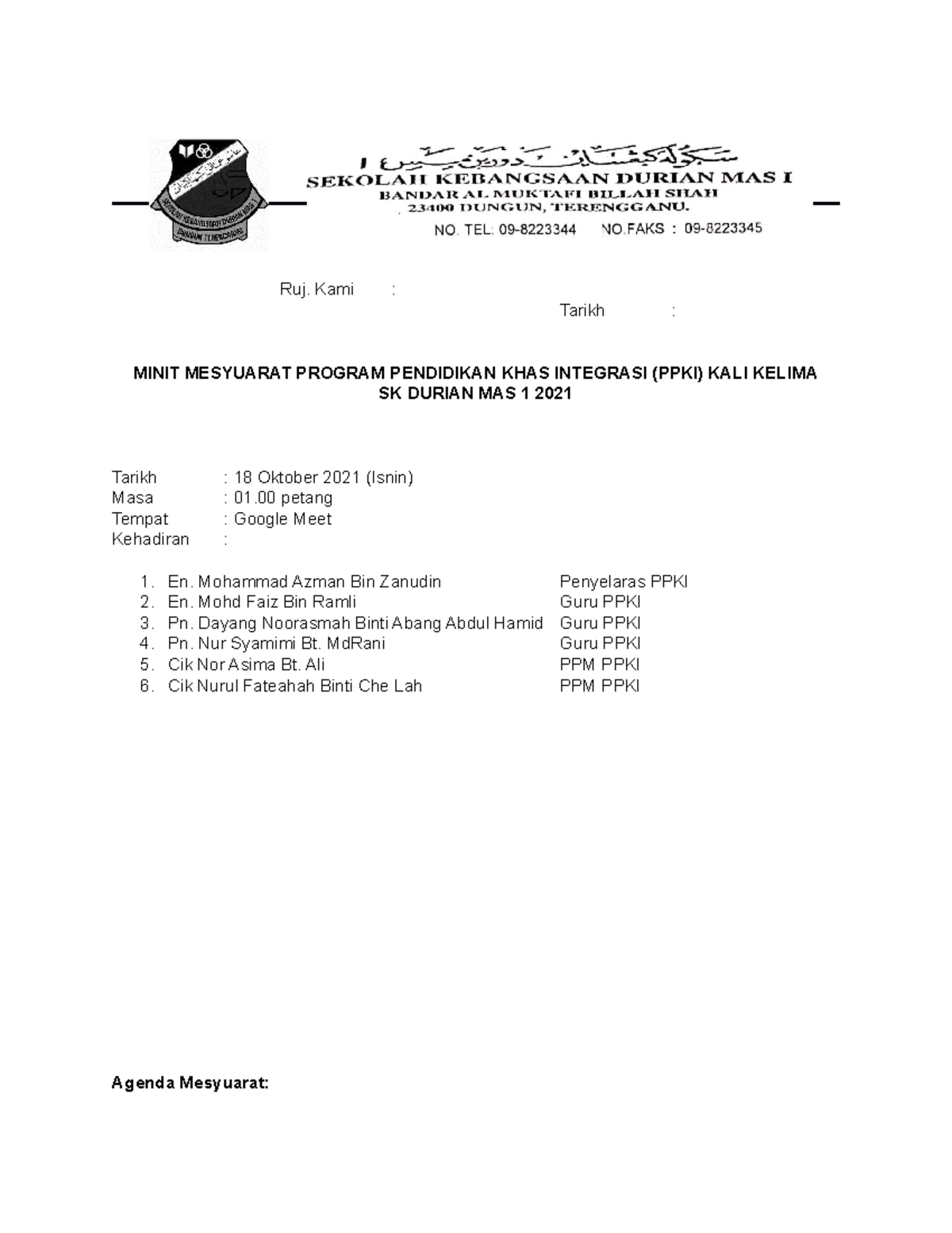 Meeting PPKI 5 2021 - Contoh surat dan nota - Ruj. Kami : Tarikh ...