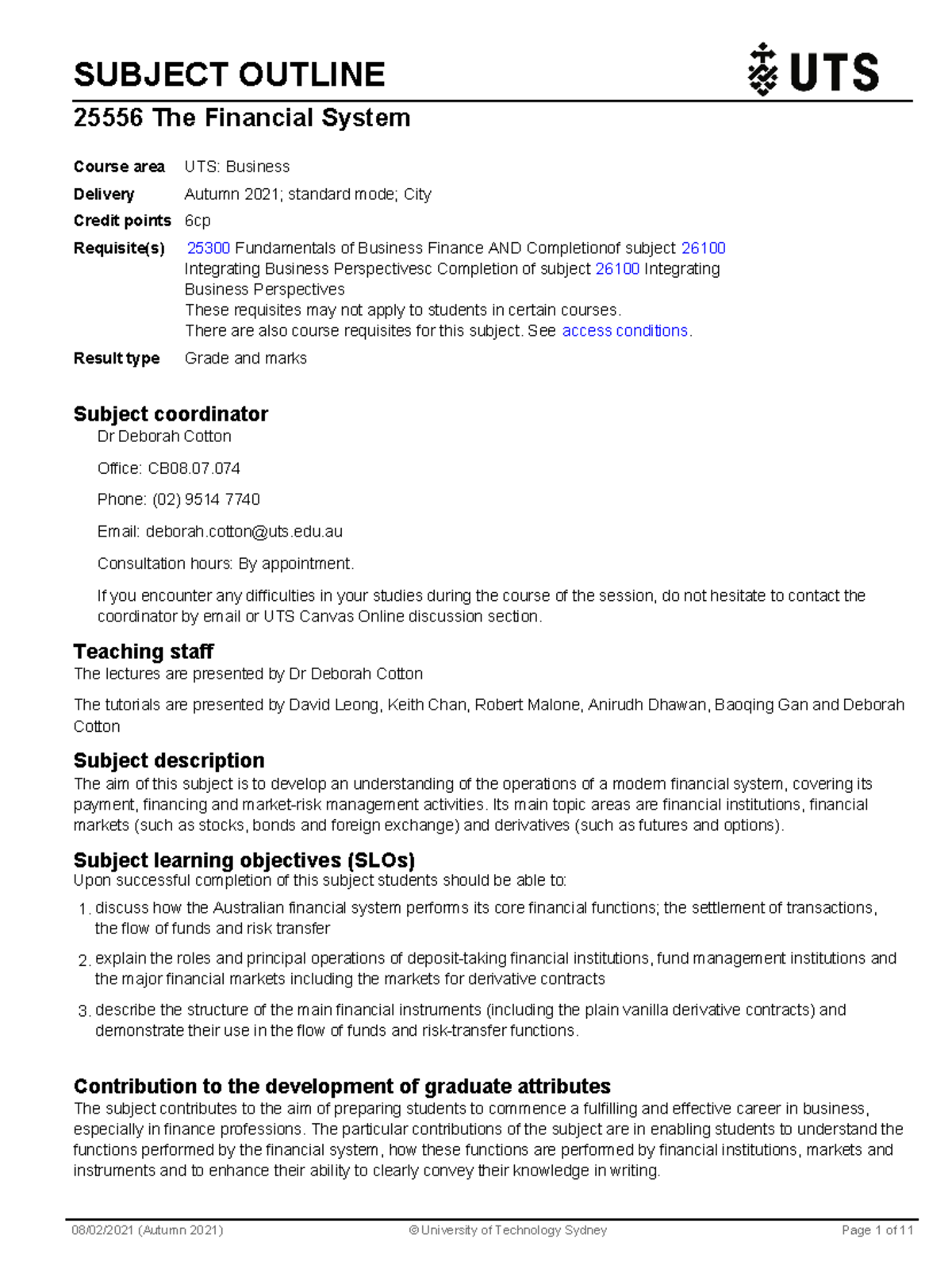 The Financial System Subject Outline - Autumn 2021 - SUBJECT OUTLINE ...