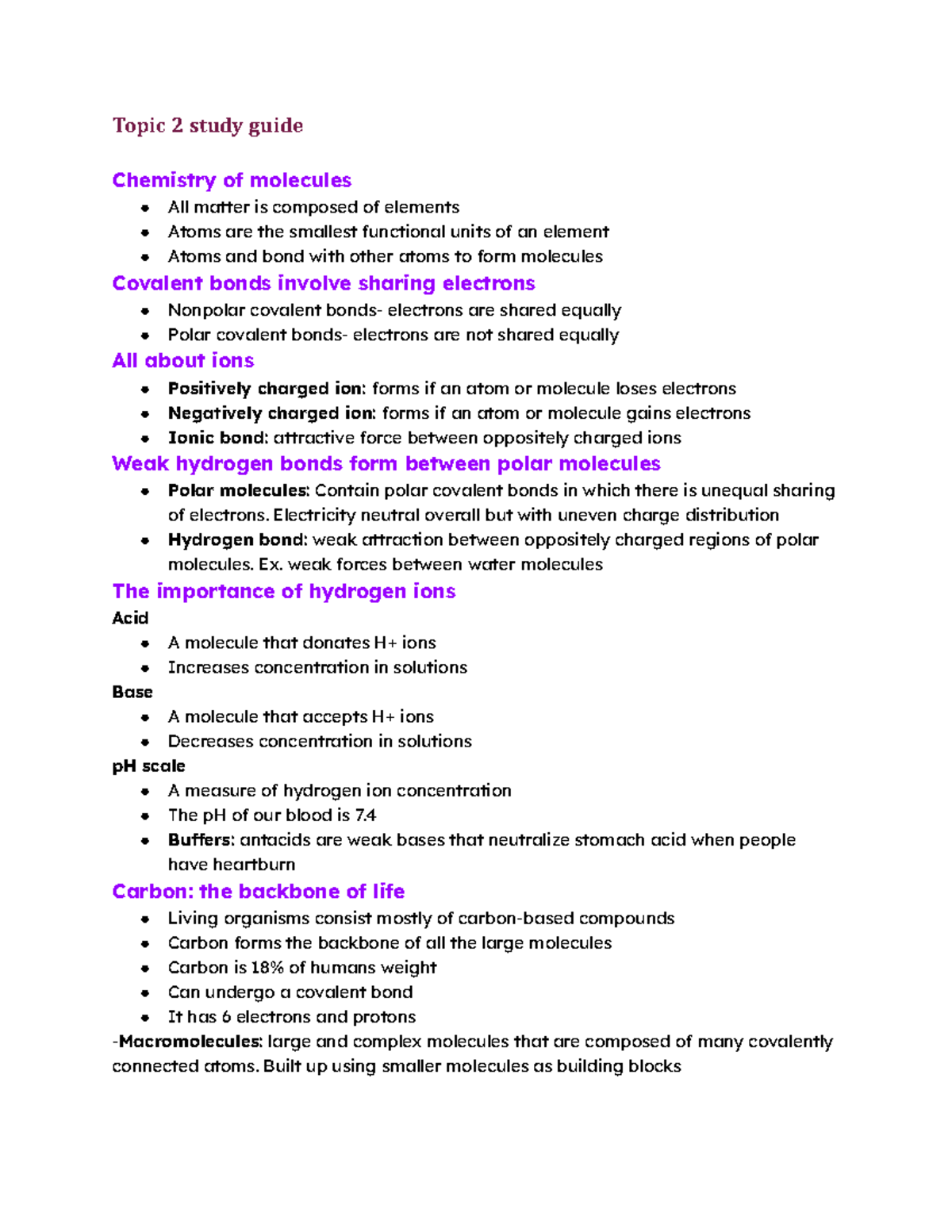 Bio 2040 topic 2 - notes - Topic 2 study guide Chemistry of molecules ...