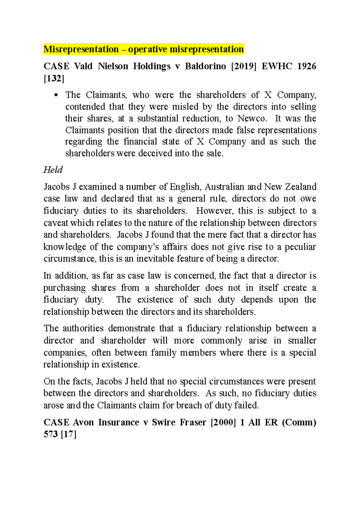 Misrep - operative (cases) - Misrepresentation – operative ...