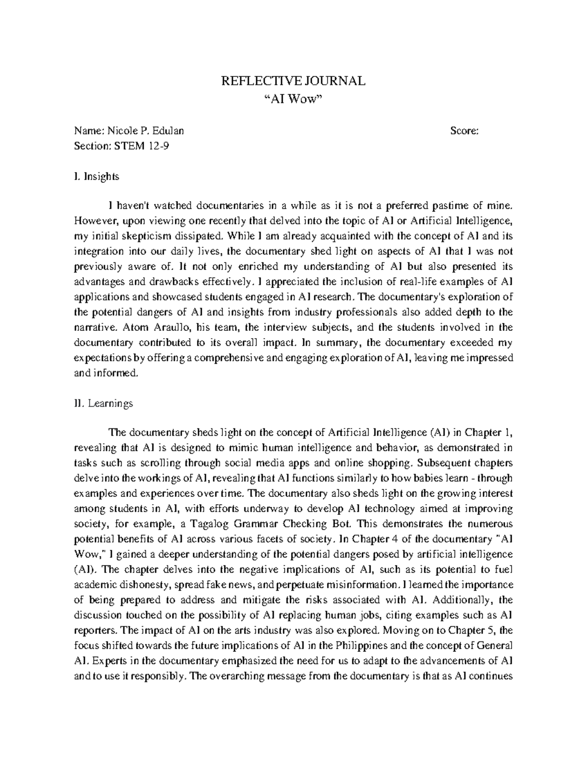 Reflective Journal (AI WOW) - REFLECTIVE JOURNAL “AI Wow” Name: Nicole ...