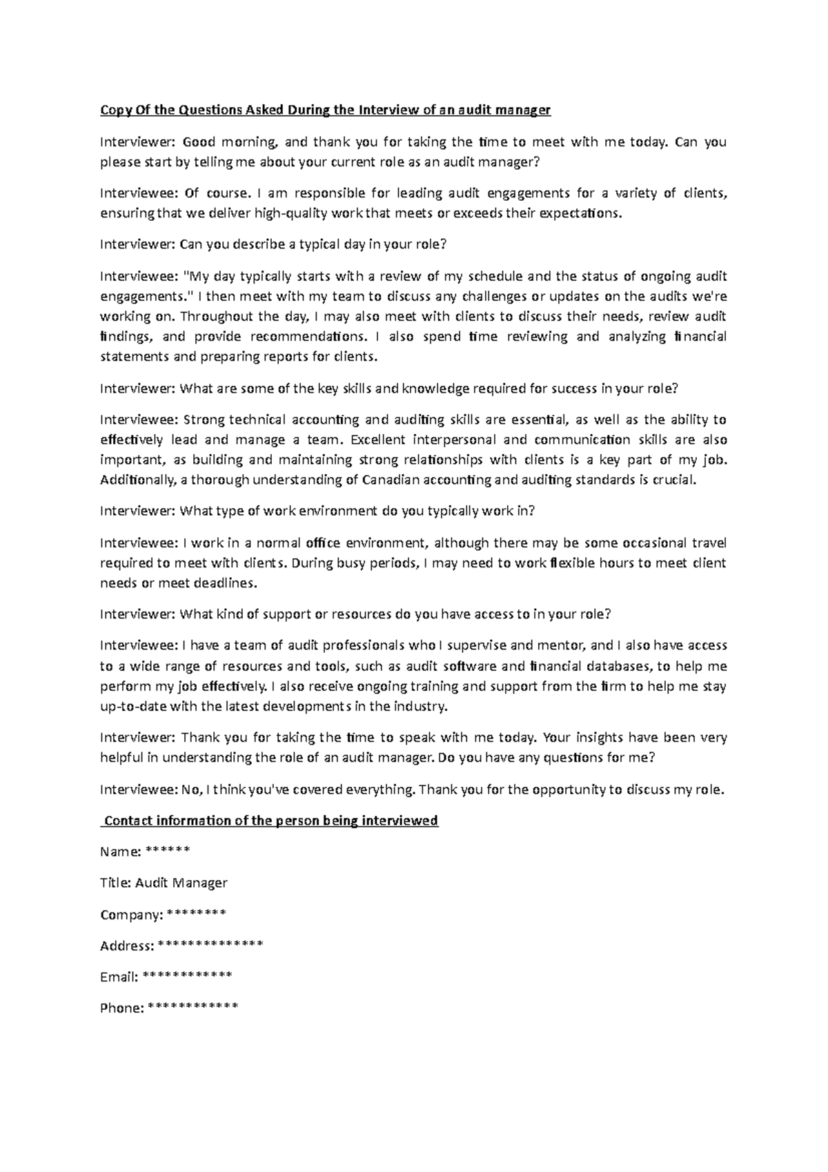 JOB Description FOR AN Audit Manager - Copy Of the Questions Asked ...