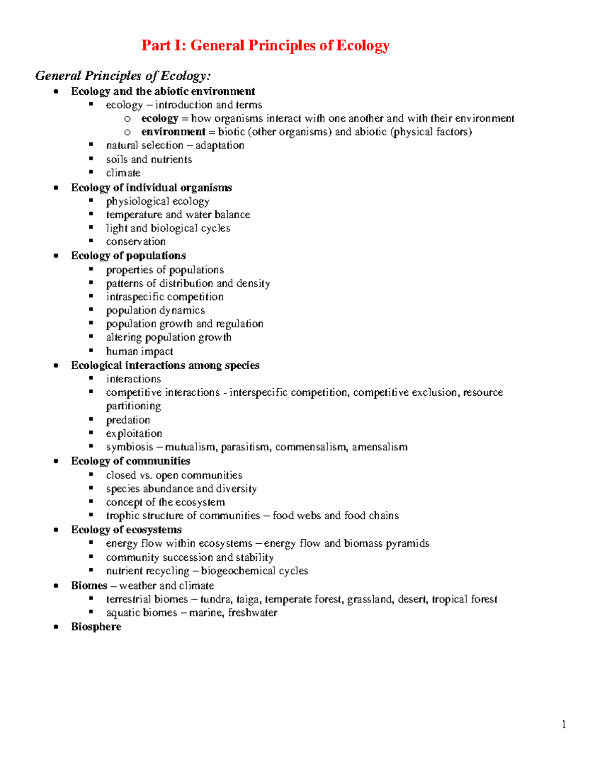 Ecology P1 General Principles - Part I: General Principles of Ecology ...
