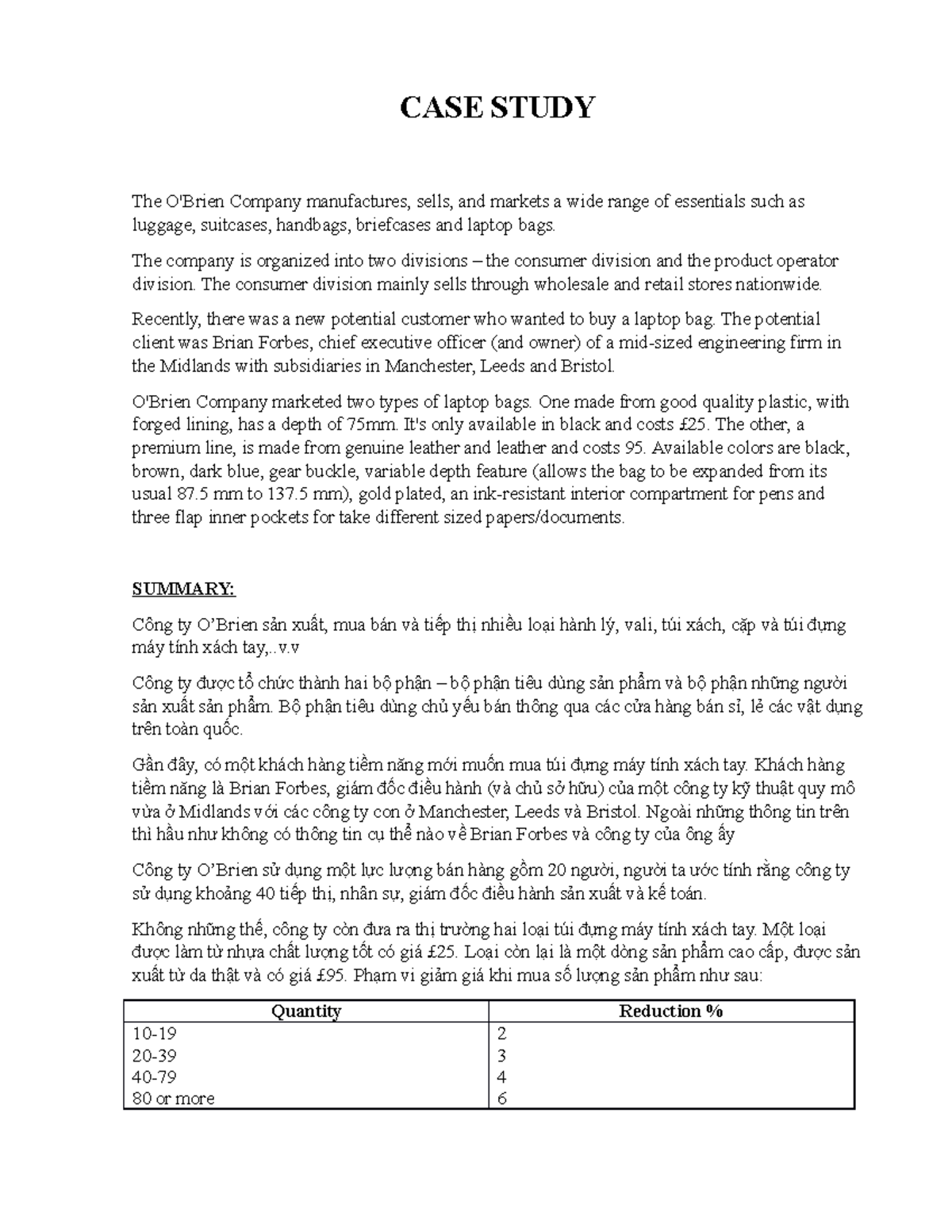 Tóm tắt CASE Study - CASE STUDY The O'Brien Company manufactures, sells ...