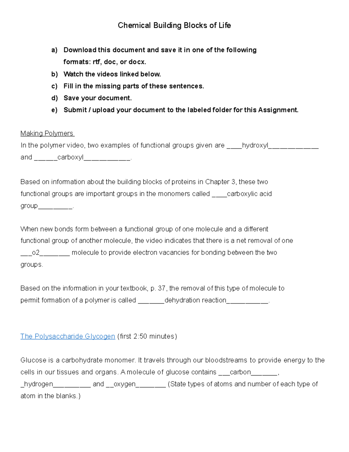 Unit 1 Assignment - Chemical Building Blocks of Life a) Download this ...