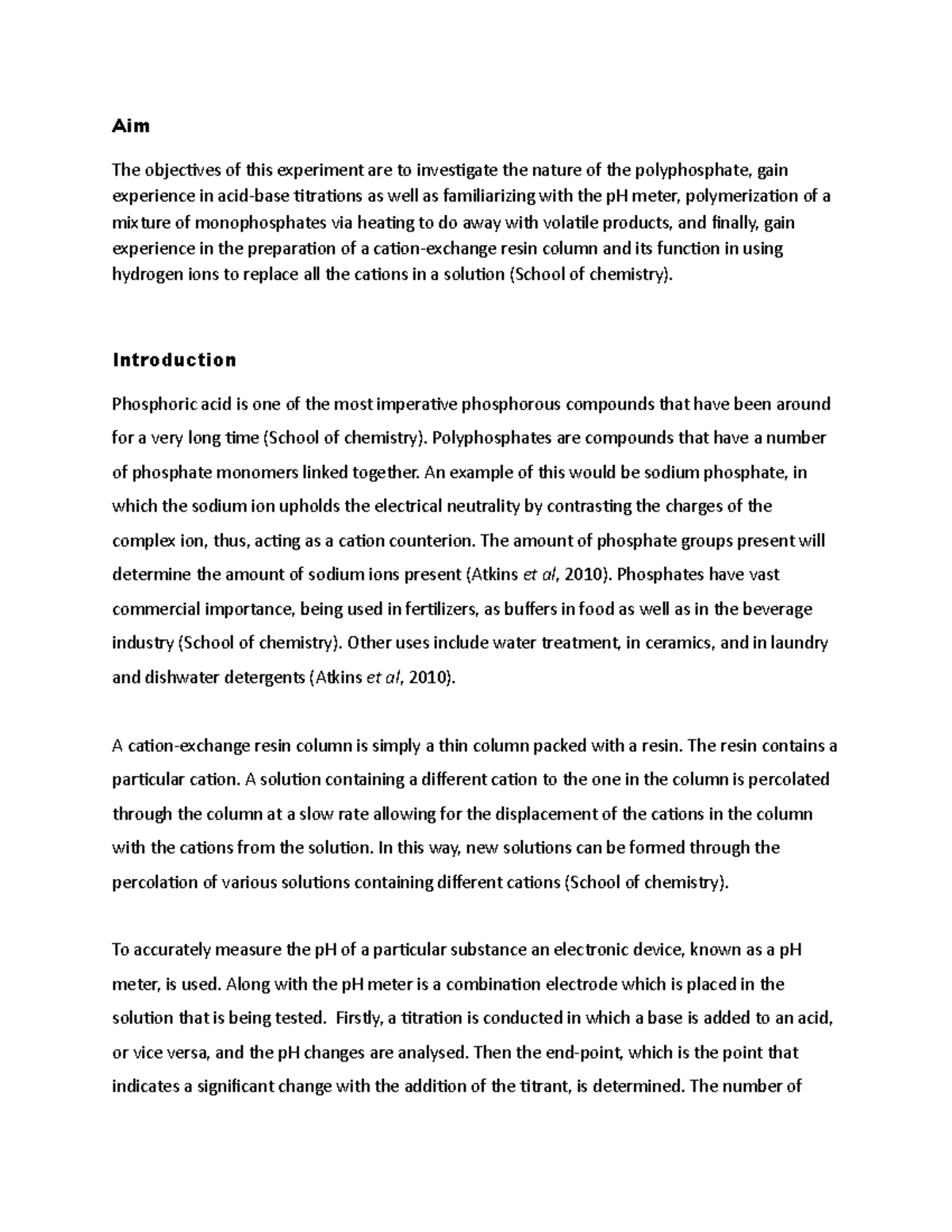 Chem I4 report - Aim The objectives of this experiment are to ...