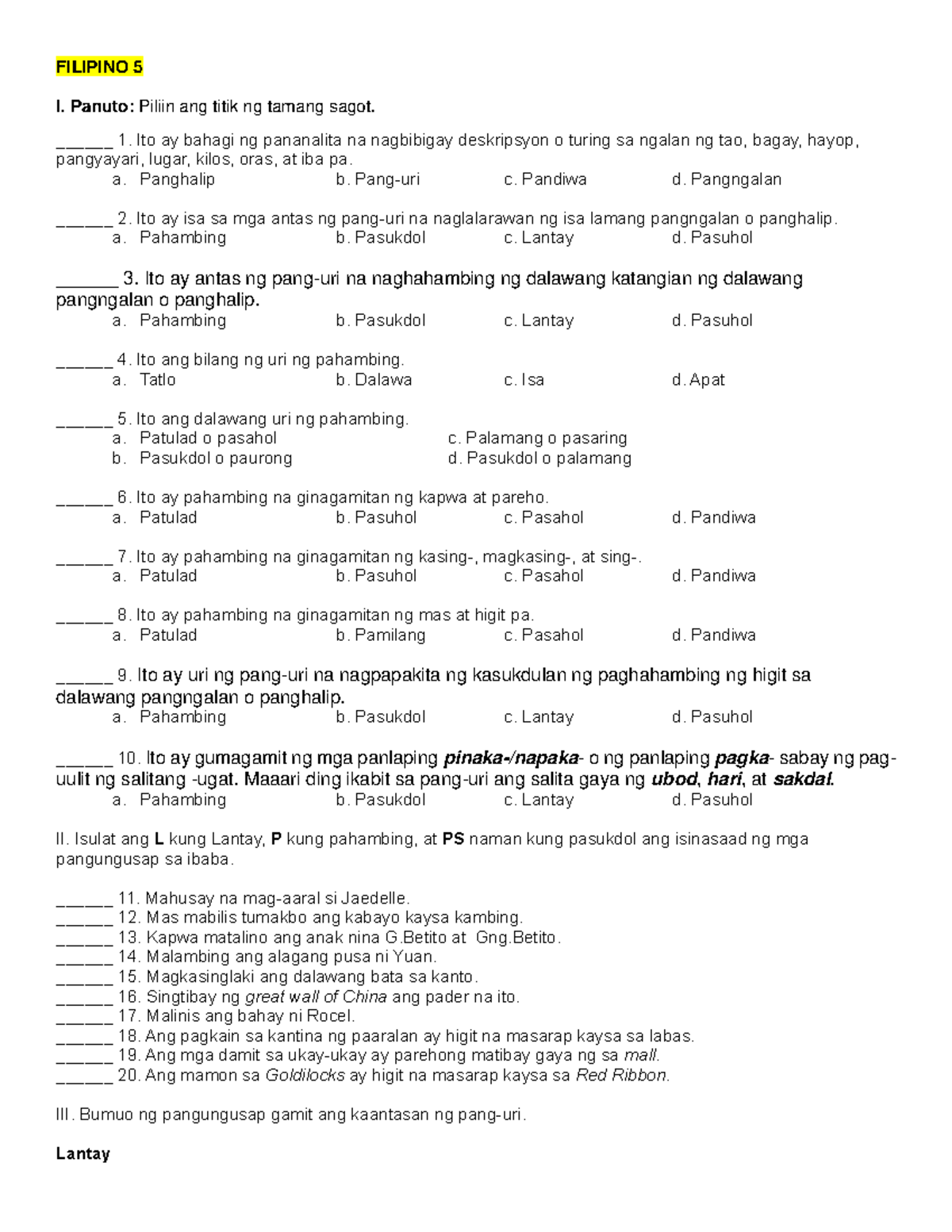3RD Quarter Reviewer FIL 5 AND AP 6 - FILIPINO 5 I. Panuto: Piliin ang ...