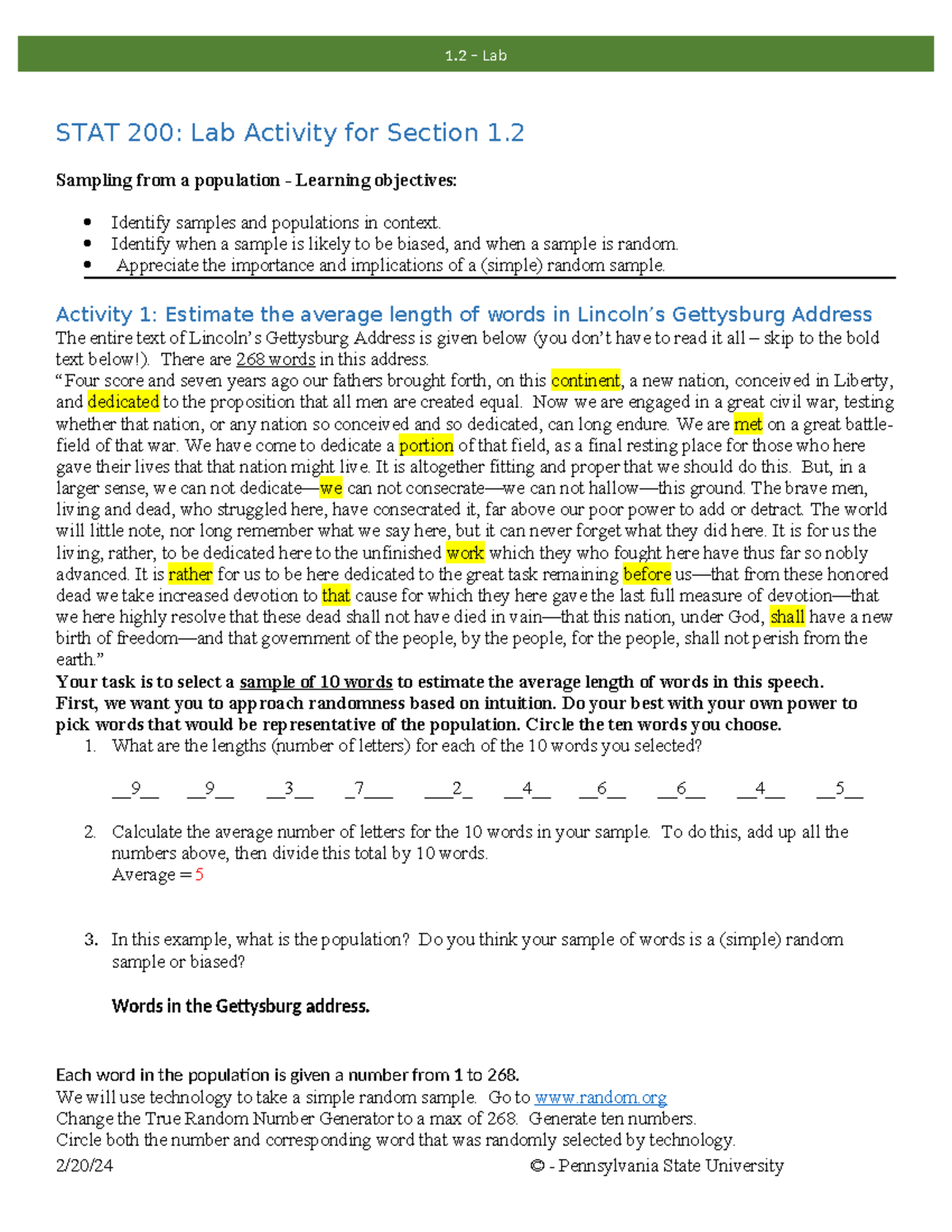 1.2 stat 200 lab - lab - STAT 200: Lab Activity for Section 1. Sampling from a population ...
