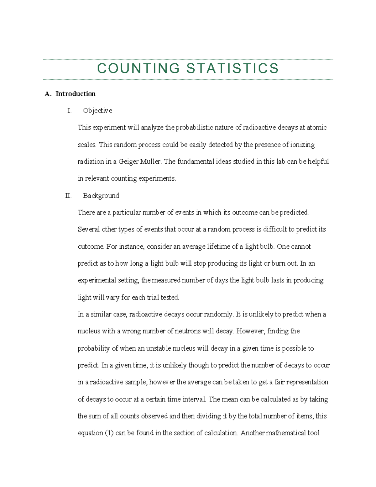 Counting Statistics - COUNTING STATISTICS A. Introduction I. Objective ...