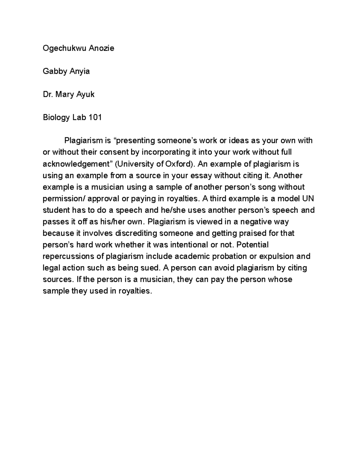 Ethics Part 1 - Short paragraph on plagiarism - Ogechukwu Anozie Gabby ...
