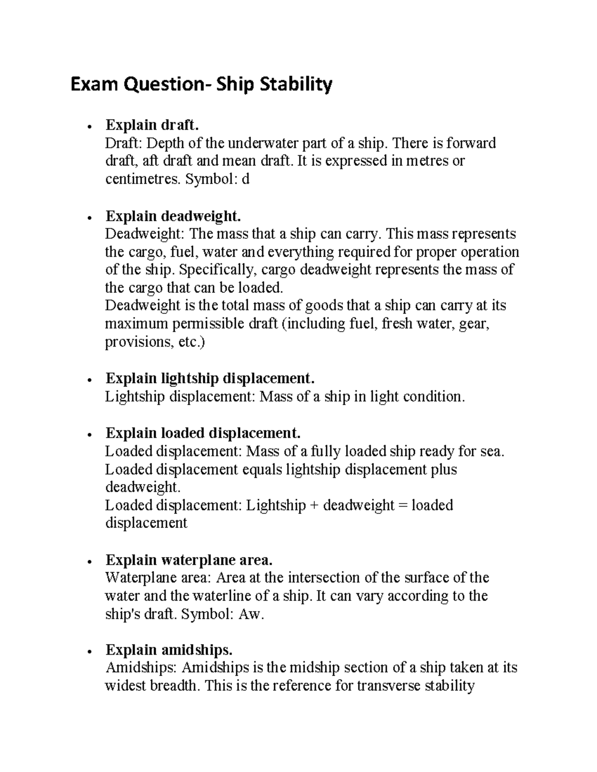Ship Hydrodynamics assignment 2 - Exam Question- Ship Stability Explain ...